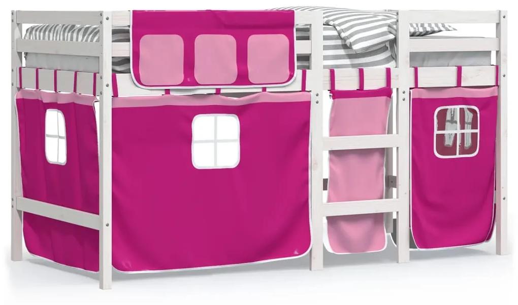 vidaXL Dětská patrová postel se závěsy růžová 90 x 200 cm borovice