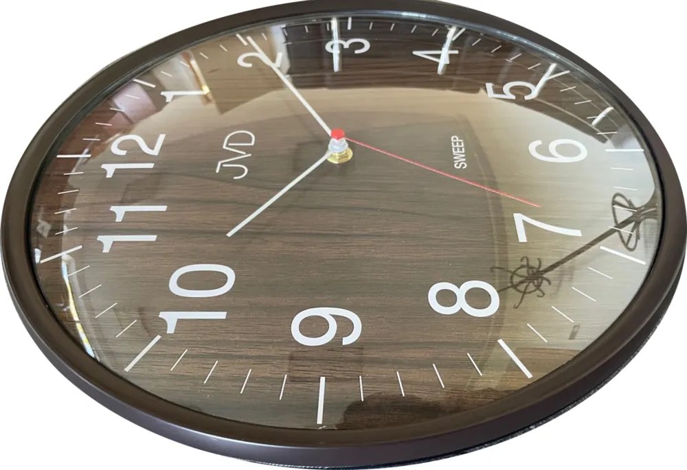 JVD Netikajcí analogové hnědé tiché nástěnné hodiny v imitaci dřeva JVD HA17.3