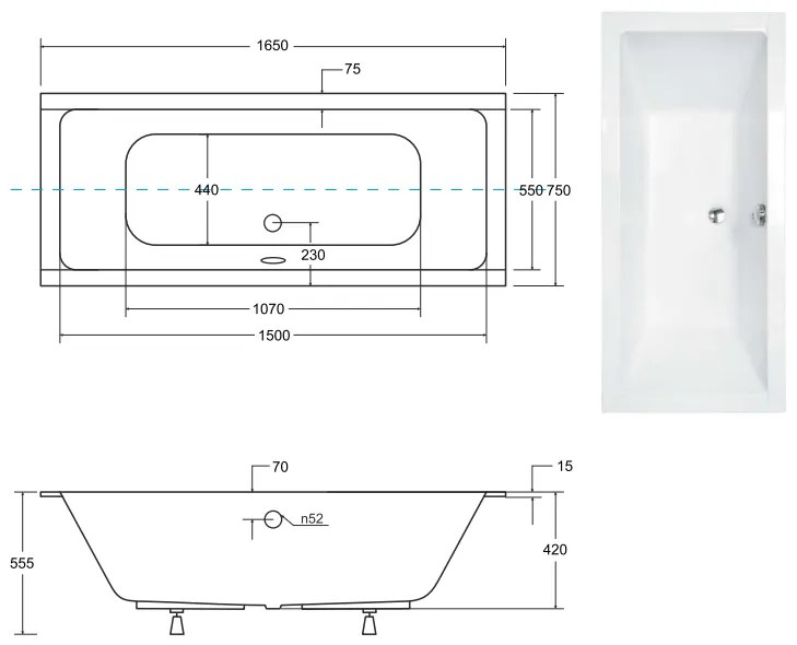 Besco Quadro Slim 165x75, 170x75 akrylátová vana Délka vany: 165cm