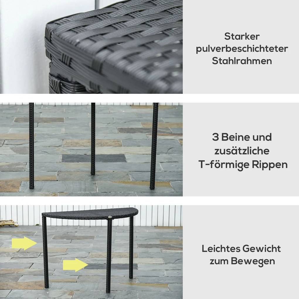 Outsunny Balkonový stůl - Zahradní boční stůl, venkovní nábytek, půlkruhový, polyrattan, kov, černá, 100 x 50 x 74 cm