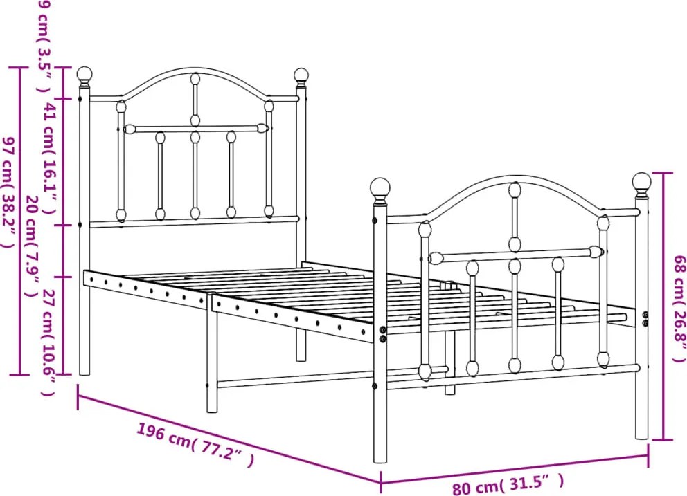 vidaXL Kovový rám postele s hlavovým a nožním čelem 75 x 190 cm [353496] Barva: Bílá