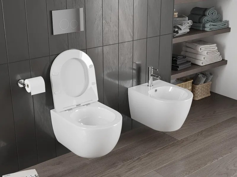 Mexen Carmen, závěsná WC mísa 490x365x340 mm, Rimless Tornádo + WC sedátko z duroplastu, bílá lesklá, 30880300T