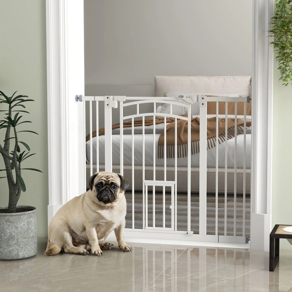 Schodišťová branka PawHut pro psy s automatickým zavíráním a klapkou pro kočky, bez vrtání, 74-100 cm, bílá