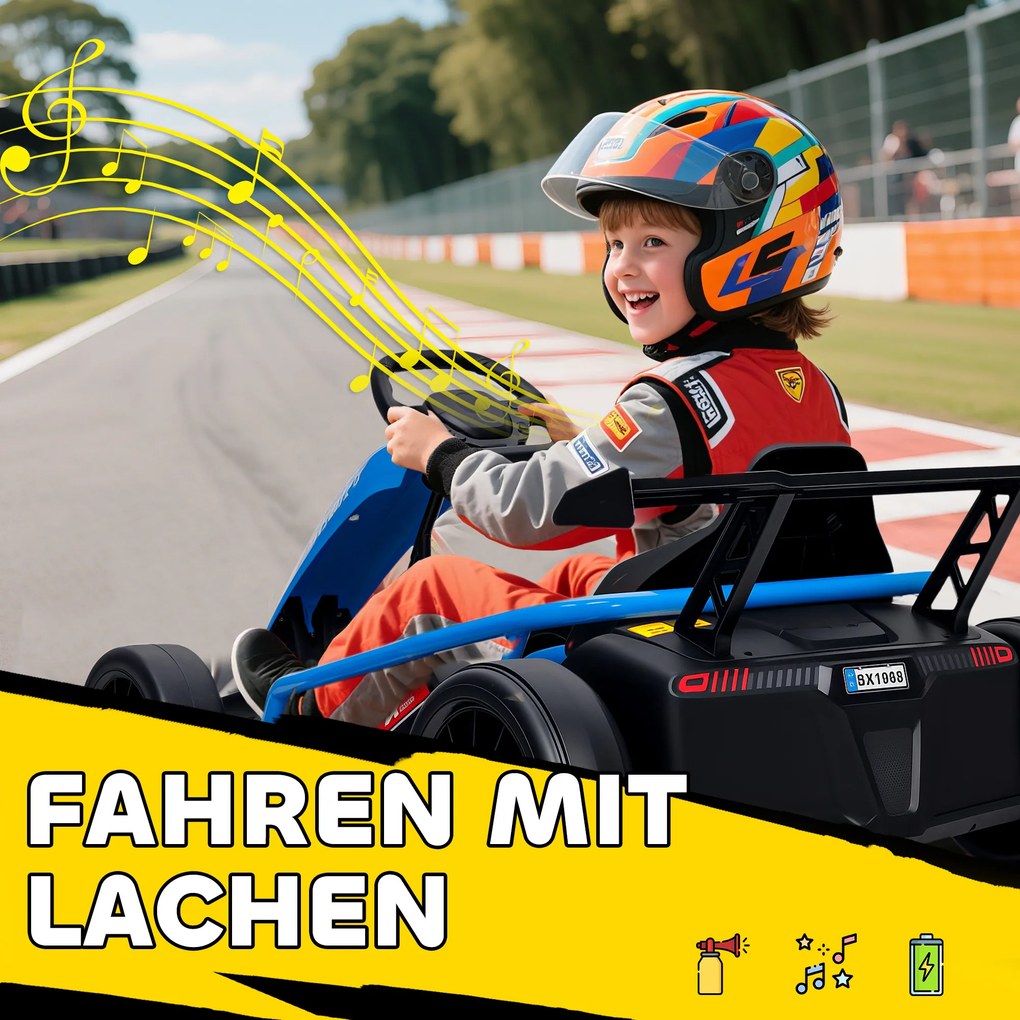AIYAPLAY 24V elektrické Go-Kart k jízdě a driftování, nylonové pneumatiky, bezpečnostní pás, klakson, hudba pro děti 8-12 let, modré