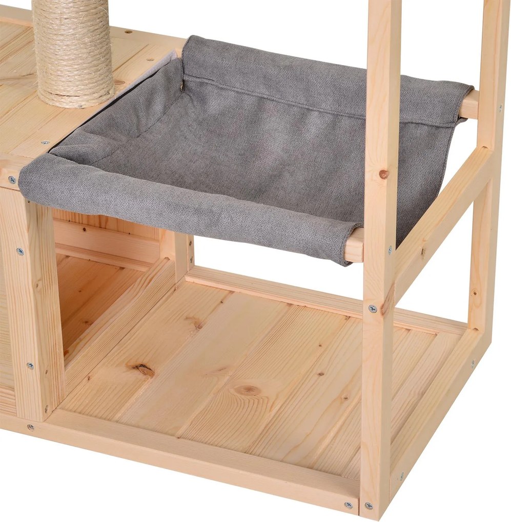PawHut Kočičí Dům s Houpací Síťkou, Kočičí Box se Sisalovým Sloupkem, Kočičí Jeskyně, Kočičí Strom, Kočičí Aktivity Centrum, Borovicové Dřevo, Přiroz…