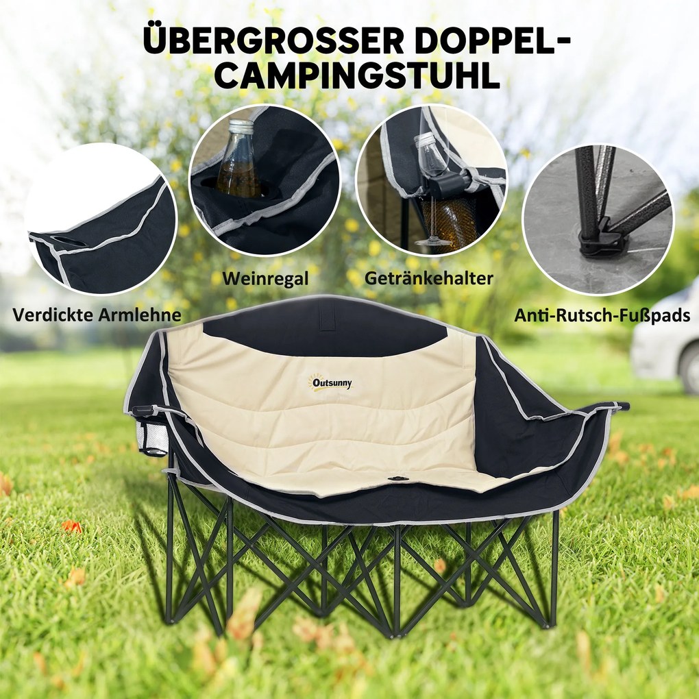Outsunny Skládací židle skládací 2místná kempingová židle s držákem na kelímek Přepravní taška do 250 kg nosnosti Khaki