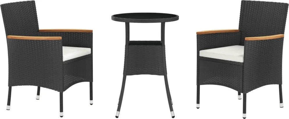 3dílný zahradní bistro set s poduškami černý polyratan 3187422