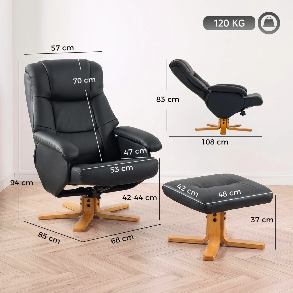 HOMCOM relaxační křeslo s podnožkou, nastavitelné PU relaxační křeslo, 360° otáčení, houpací funkce, černé