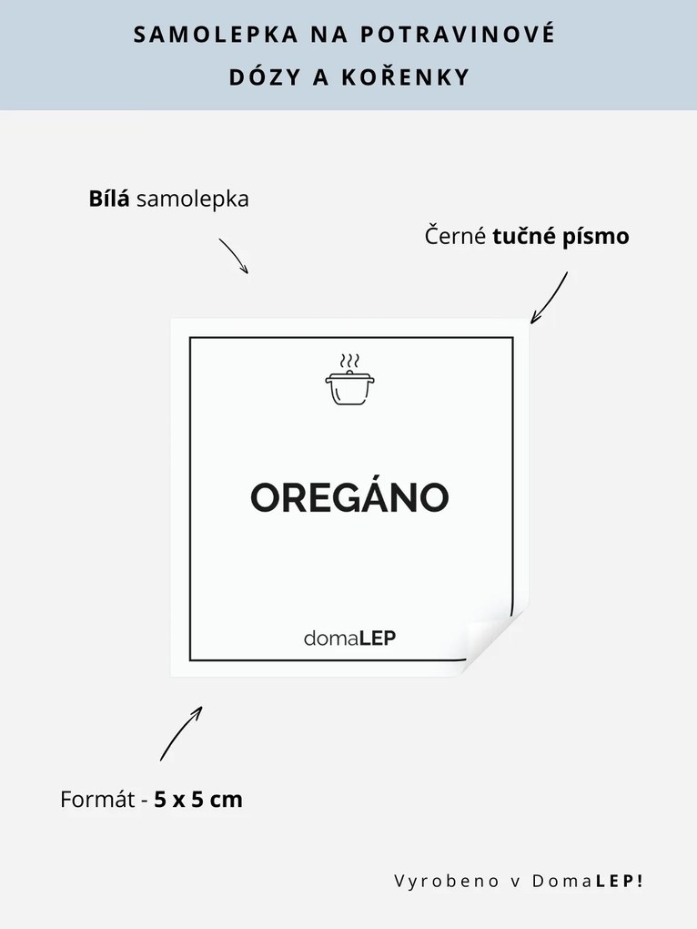 Samolepka na kořenky OREGÁNO bílá 5 × 5 cm tučné písmo