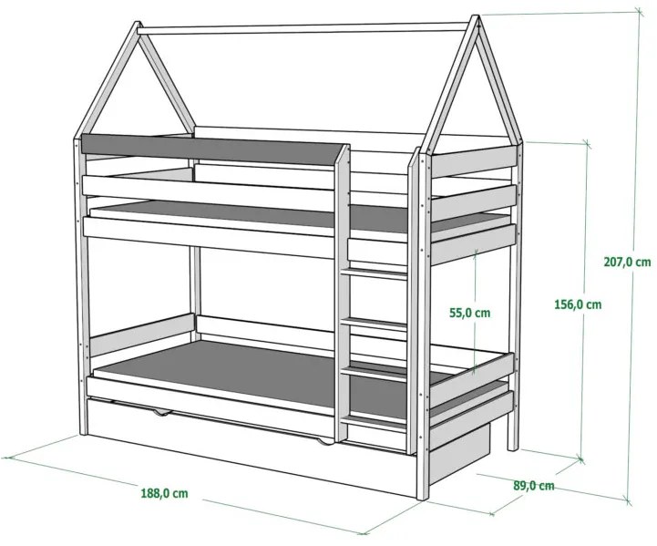 BabyBeds Dětská patrová postel DOMEČEK Velikost postele: 160x80 cm, Barva postele: Bílá, Úložný prostor: Jeden velký šuplík na kolečkách