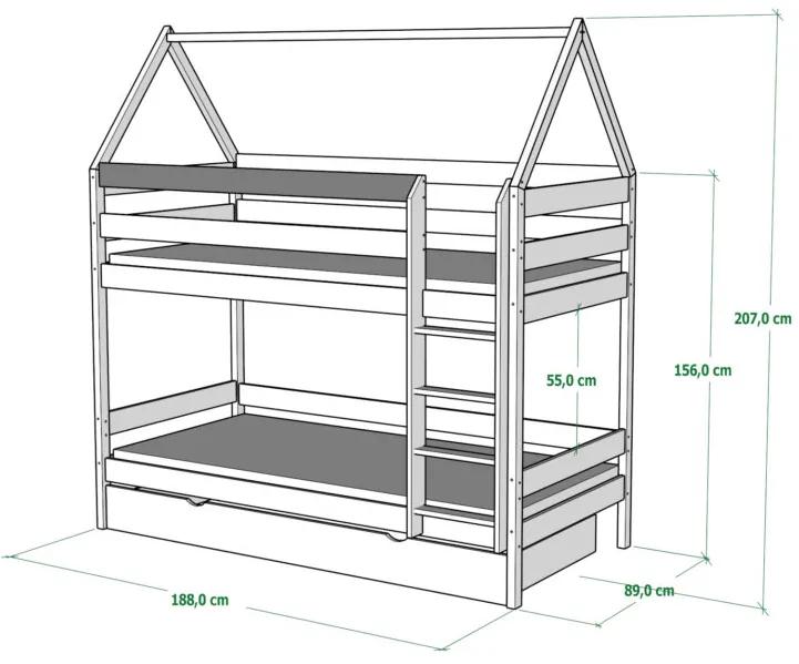 BabyBeds Dětská patrová postel DOMEČEK Velikost postele: 180x80 cm, Barva postele: Zelená, Úložný prostor: Bez úložného prostoru