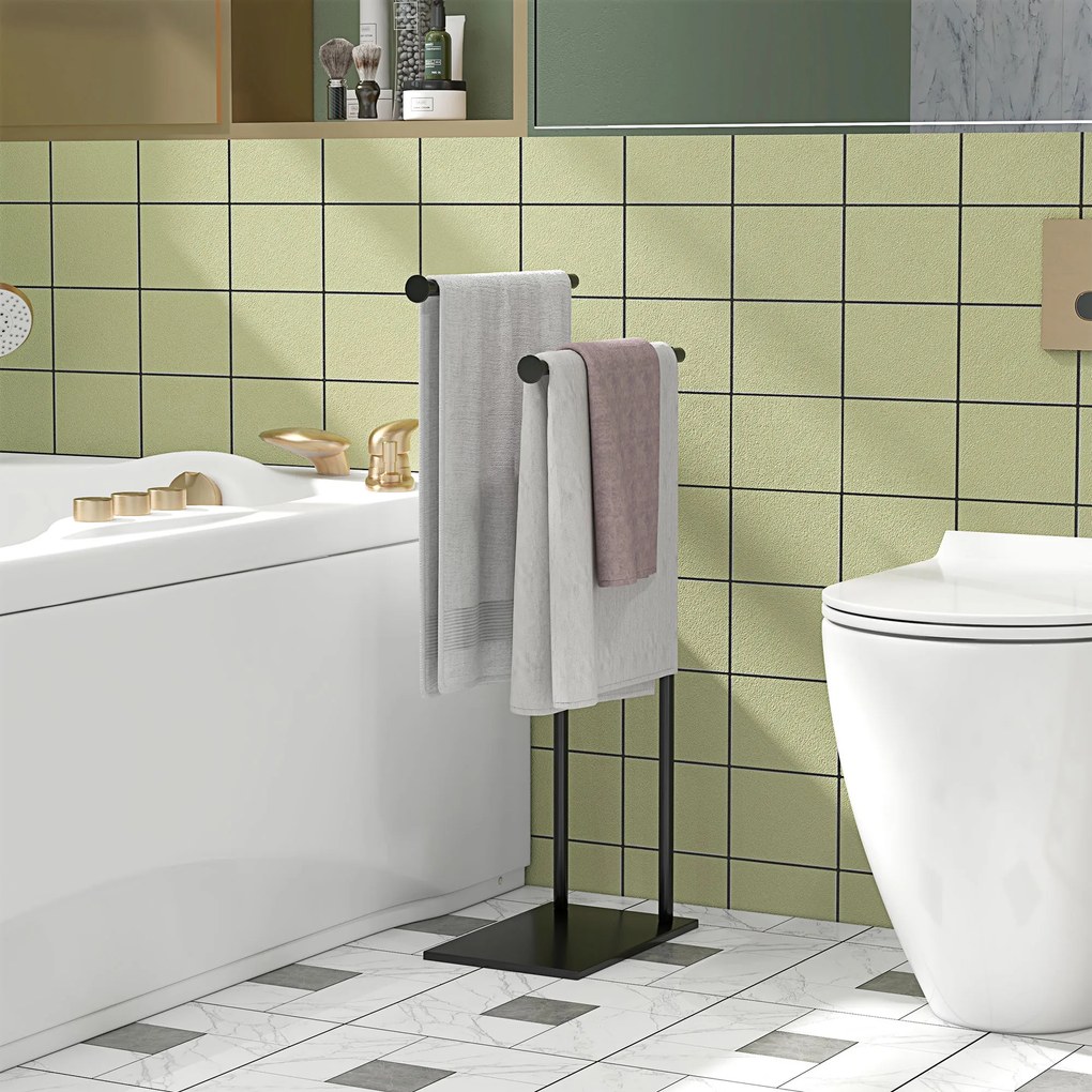 HOMCOM Dvouvrstvá volně stojící věšák na ručníky s 2 tyčemi a kovovým rámem v moderním L tvaru 35,5x20x78 cm Černá