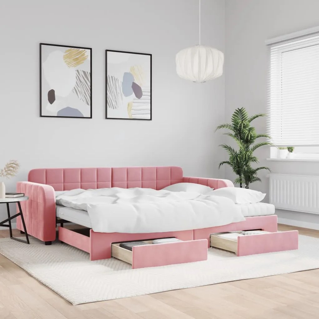 Válenda s přistýlkou a zásuvkami růžová 90 x 200 cm samet 3197004