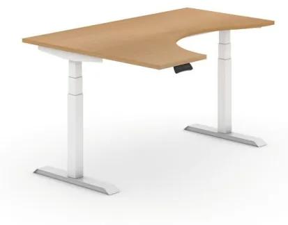 Výškově nastavitelný stůl, elektrický, 625-1275 mm, ergonomický levý, deska 1600x1200 mm, buk, bílá podnož