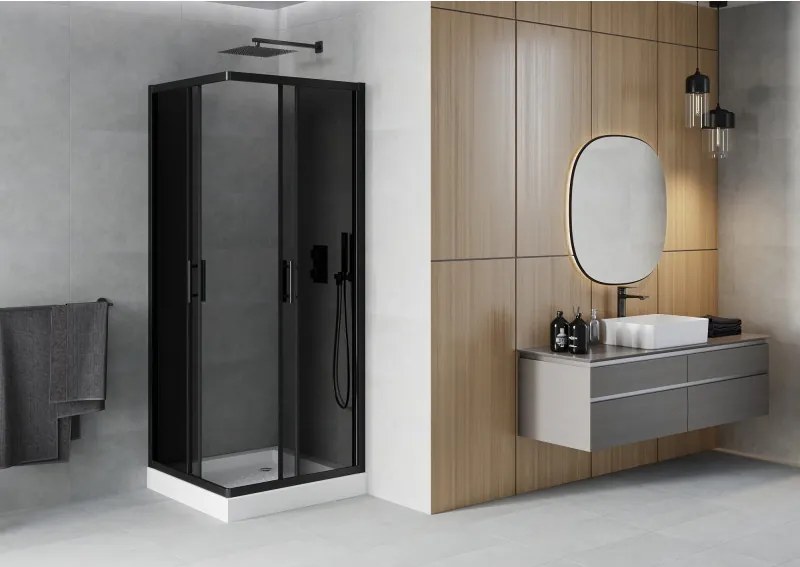 Mexen Rio, čtvercový sprchový kout 80(dveře)x80(dveře)x190 cm, 5mm šedé sklo, černý profil + bílá sprchová vanička RIO, 860-080-080-70-40-4510