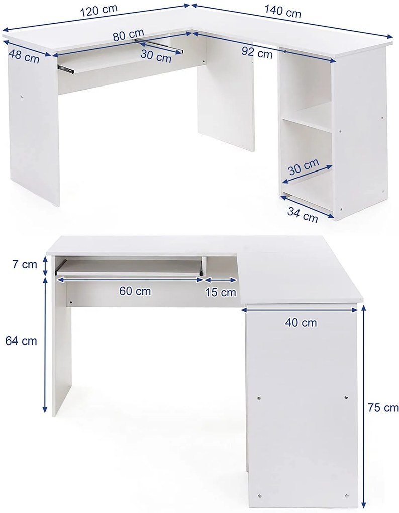 SONGMICS Rohový PC stůl bílý 140x120 cm