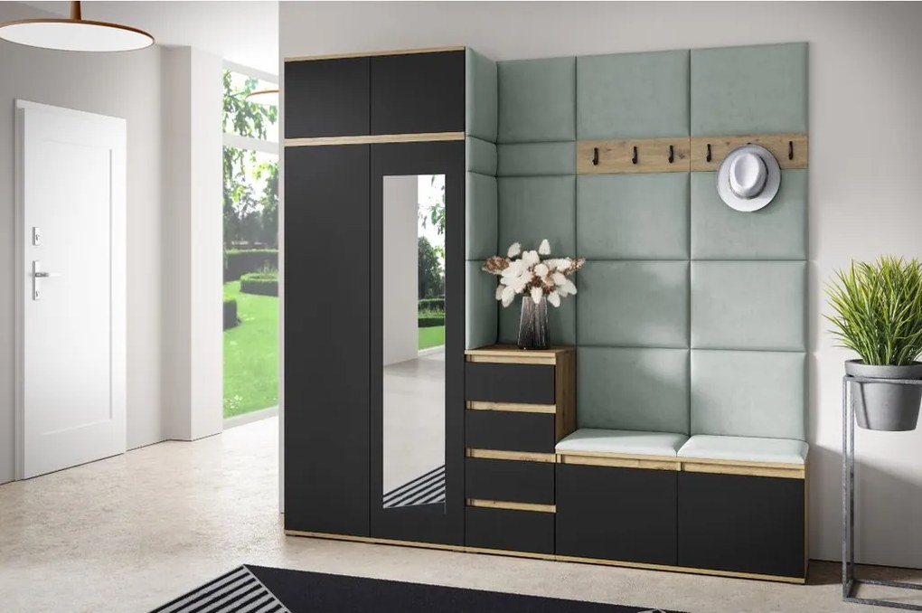 Eka Předsíňová stěna s čalouněnými panely Trinity 33 - Dub Artisan s černou / Světlá zelená 2321