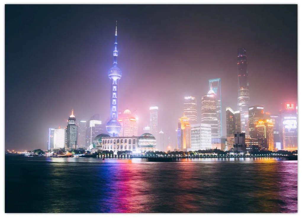 Skleněný obraz nočního Šanghaje (70x50 cm)