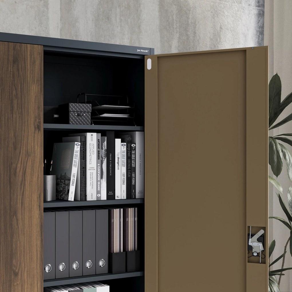 Kovová kancelářská skříň na dokumenty široká bílá antracit/ořech, 1150x1850x400 mm: JAN II Eco Design