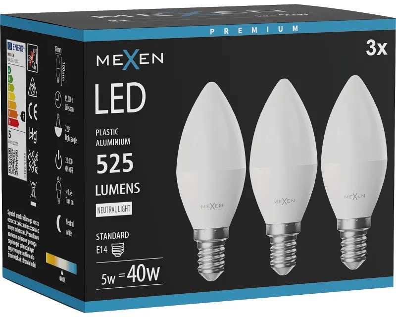 Mexen Nova 3x LED žárovka E14, C37, 5W, Neutrální - 4000K, 525 lm - L102-E14-0540-01x03