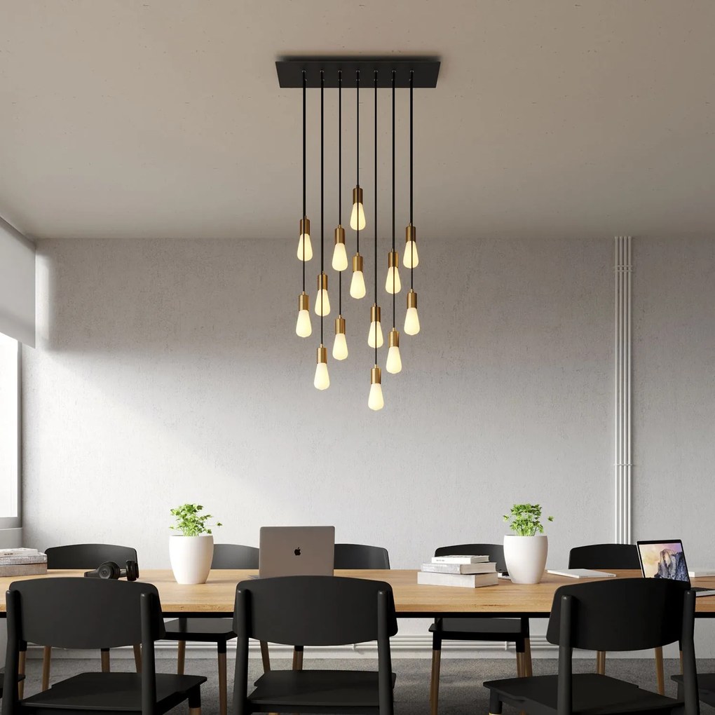 creative cables Závěsná lampa se 14 světly, s obdélníkovým XXL baldachýnem Rose-one, textilním kabelem a kovovými komponenty Barva: Matný černý dibond