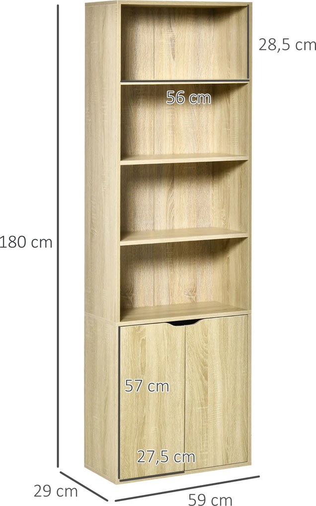 HOMCOM Knihovna se 4 otevřenými přihrádkami a 2 dveřmi pro obývací pokoj, pracovnu a kancelář, nosnost 80 kg, 59x29x180 cm, přírodní