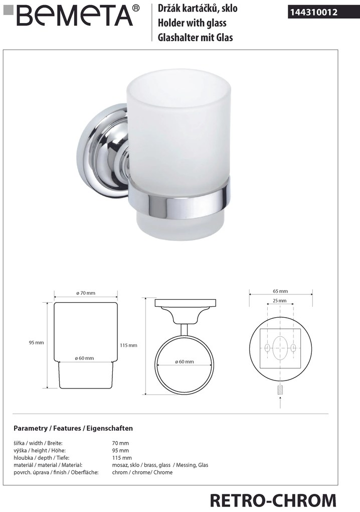 Bemeta Design RETRO chrom: Držák kartáčků, sklo - 144310012