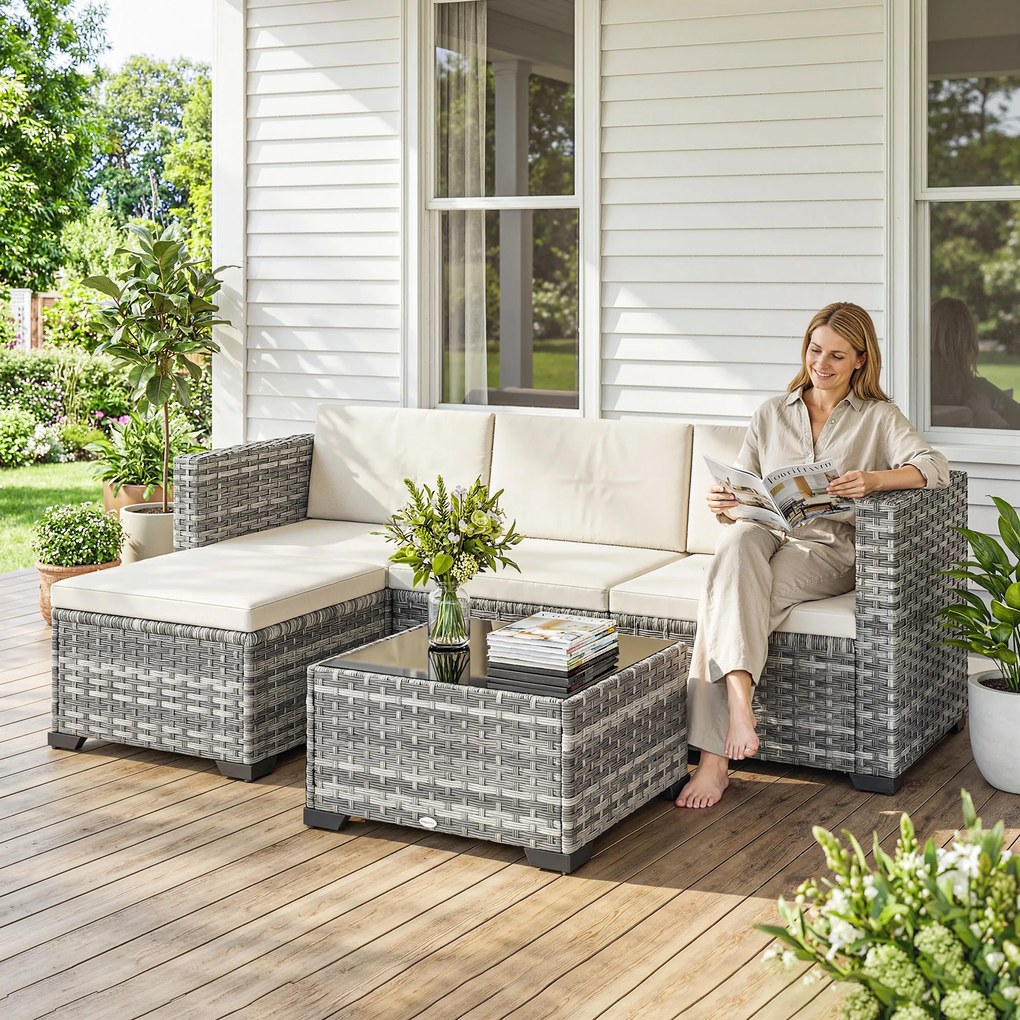 Polyratanový zahradní nábytek 5dílný, lounge set s rohovou pohovkou s taburetem, sedákem a opěrnými polštáři šedý+krémově bílý