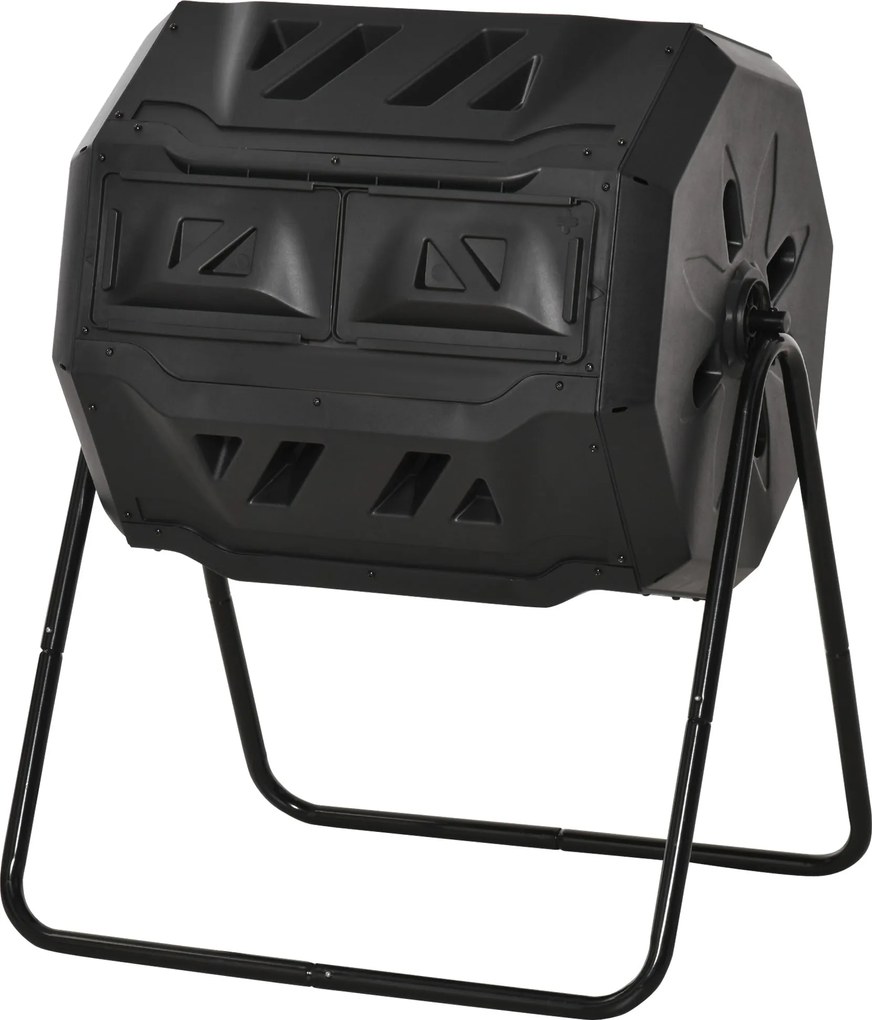 Outsunny 160L Dvoukamerový zahradní rotační kompostér s ventilačními otvory a ocelovými nohami 71x65x96 cm Černý | Aosom