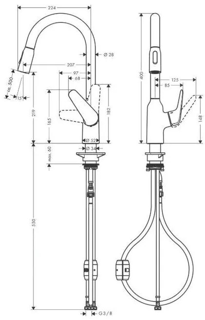 Hansgrohe Focus M42, dřezová baterie M429-H220 s výsuvnou sprškou, vzhled nerezavějící oceli, HAN-71800800