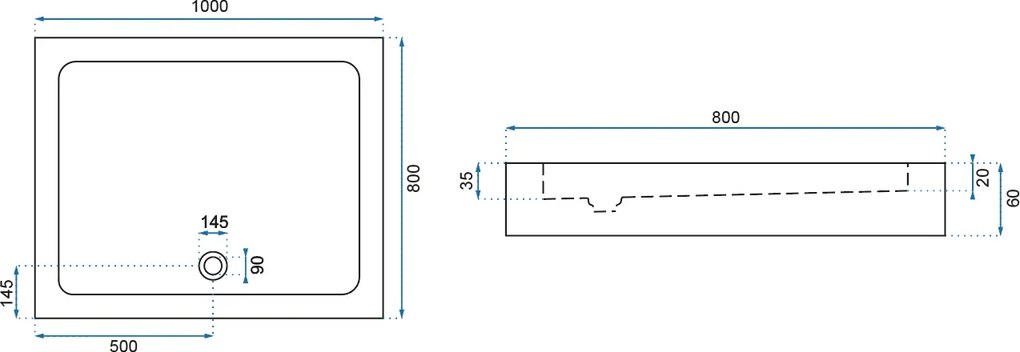 Rea Savoy, sprchová vanička 100x80x6 cm + sifon s měděnou krytkou, bílá lesklá, KPL-15332