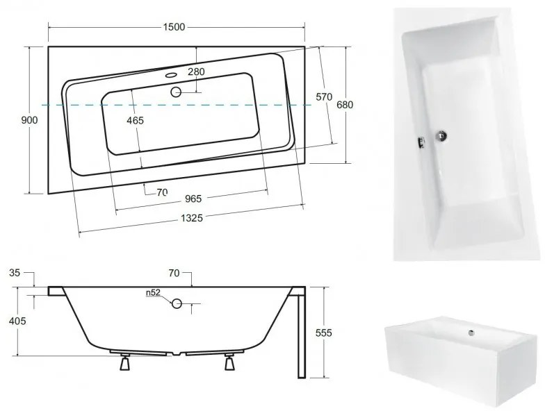 BESCO Asymetrická vana ASTI Nožičky k vaně - Bez nožiček, Rozměr vany - 150 × 90 cm, Způsob provedení - Pravé - VANAST15P