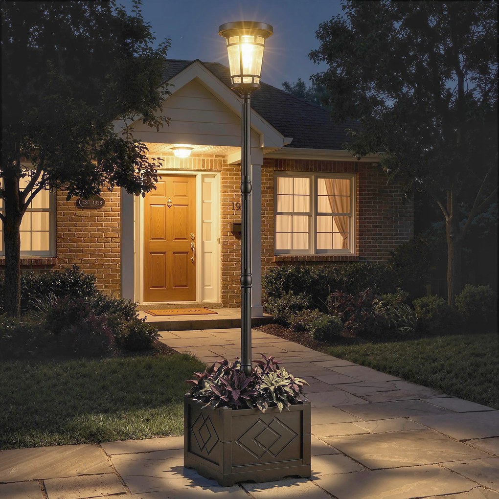 Solární lucerna stojací lampa s květináčem 195cm venkovní zahradní lucerna s 2 úrovněmi jasu spínač ovládání světla IP44