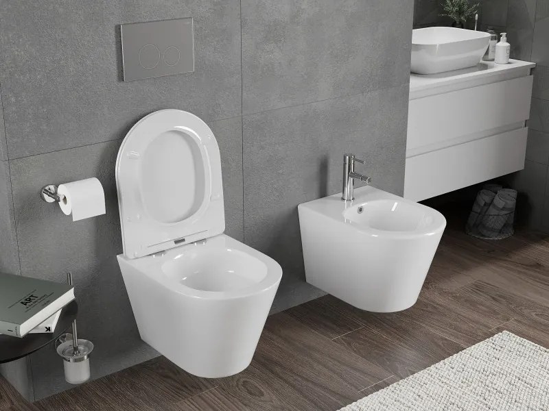 Mexen Rico, závěsná WC mísa 490x360x370 mm, Rimless Tornádo + WC sedátko z duroplastu, bílá lesklá, 30720400T