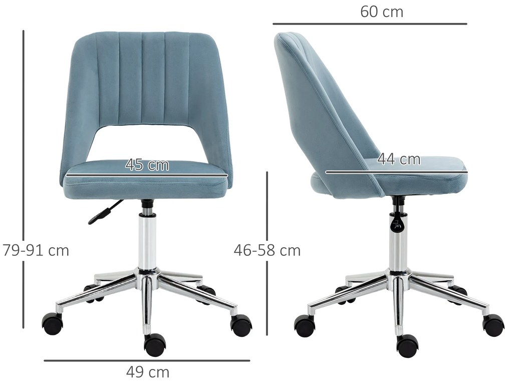 Výškově nastavitelná otočná židle Vinsetto do obývacího pokoje a kanceláře, sametová v modré barvě, ergonomická kancelářská židle pro pohodlí