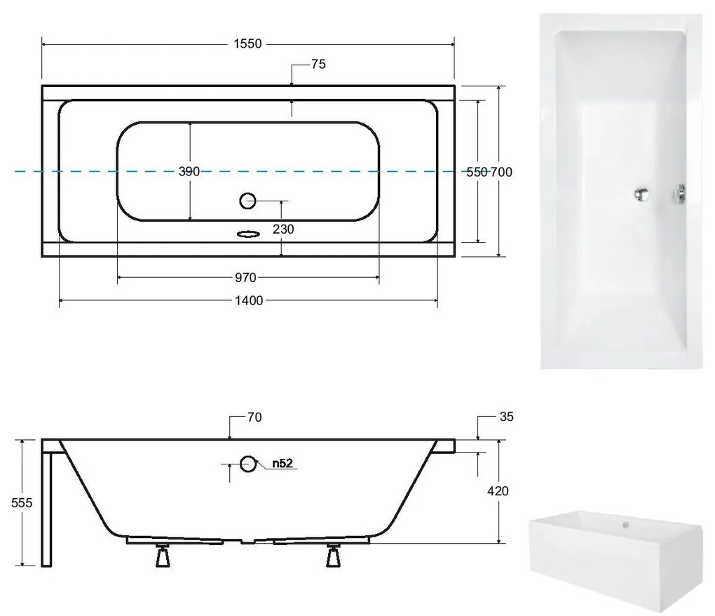 Besco Quadro 155x70 akrylátová vana