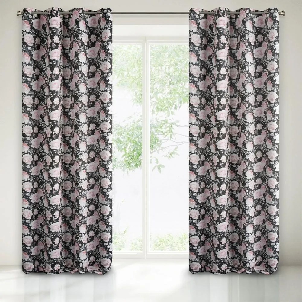 Záclona připravená na poutko 140x250 Bellis graphite pink roses Eurofirany