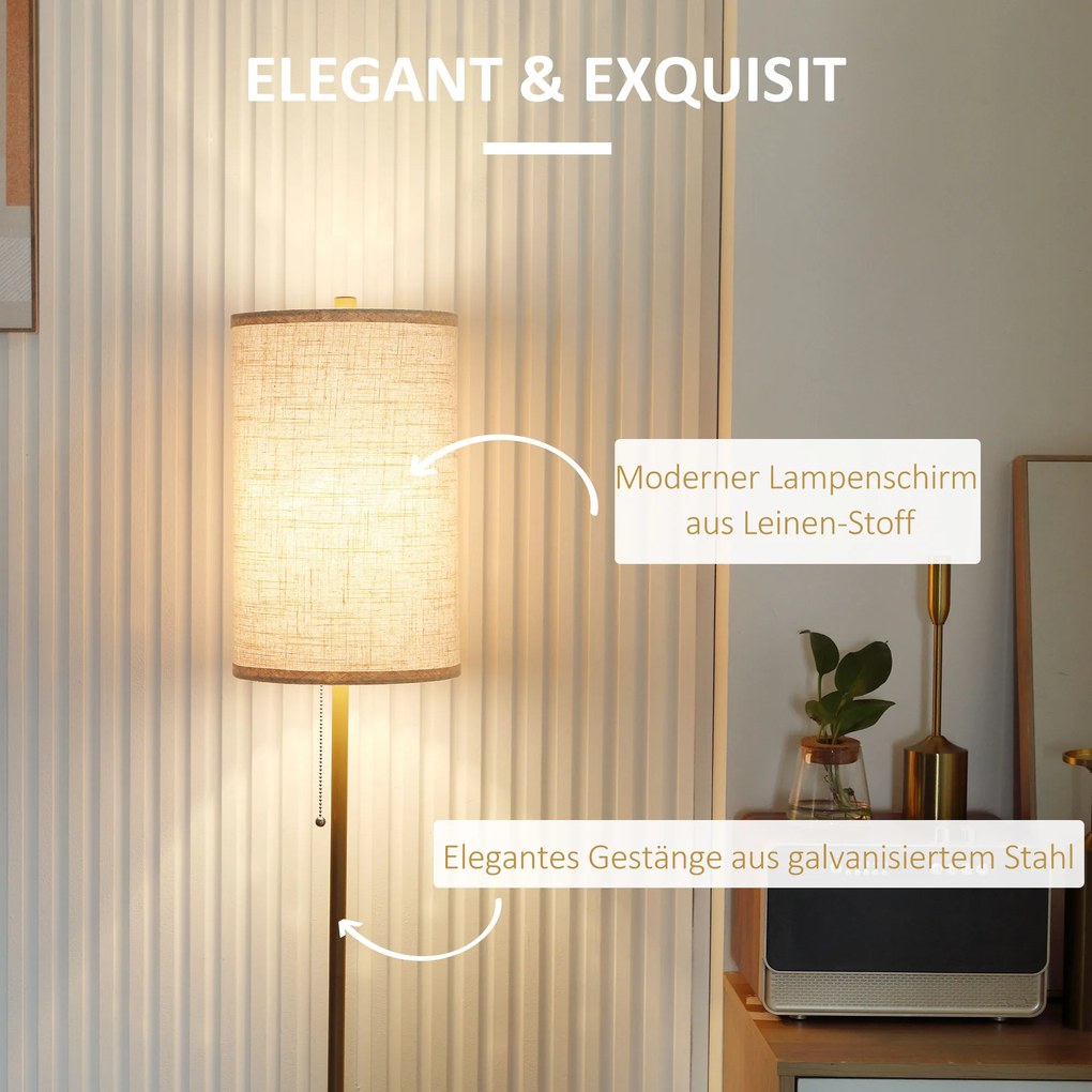 HOMCOM Stojací lampa do obývacího pokoje, plátěné stínidlo, řetízkový vypínač, stojací lampa s ocelovým stojanem, zásuvka E27, stojací lampa do ložni…