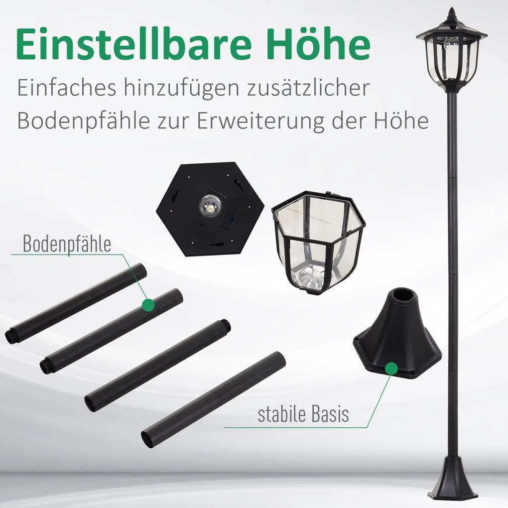 Zahradní solární světlo Outsunny LED zahradní lucerna 30/60 lumenů, černý plast, Ø26,5 x H177 cm, ideální pro zahradu a terasu