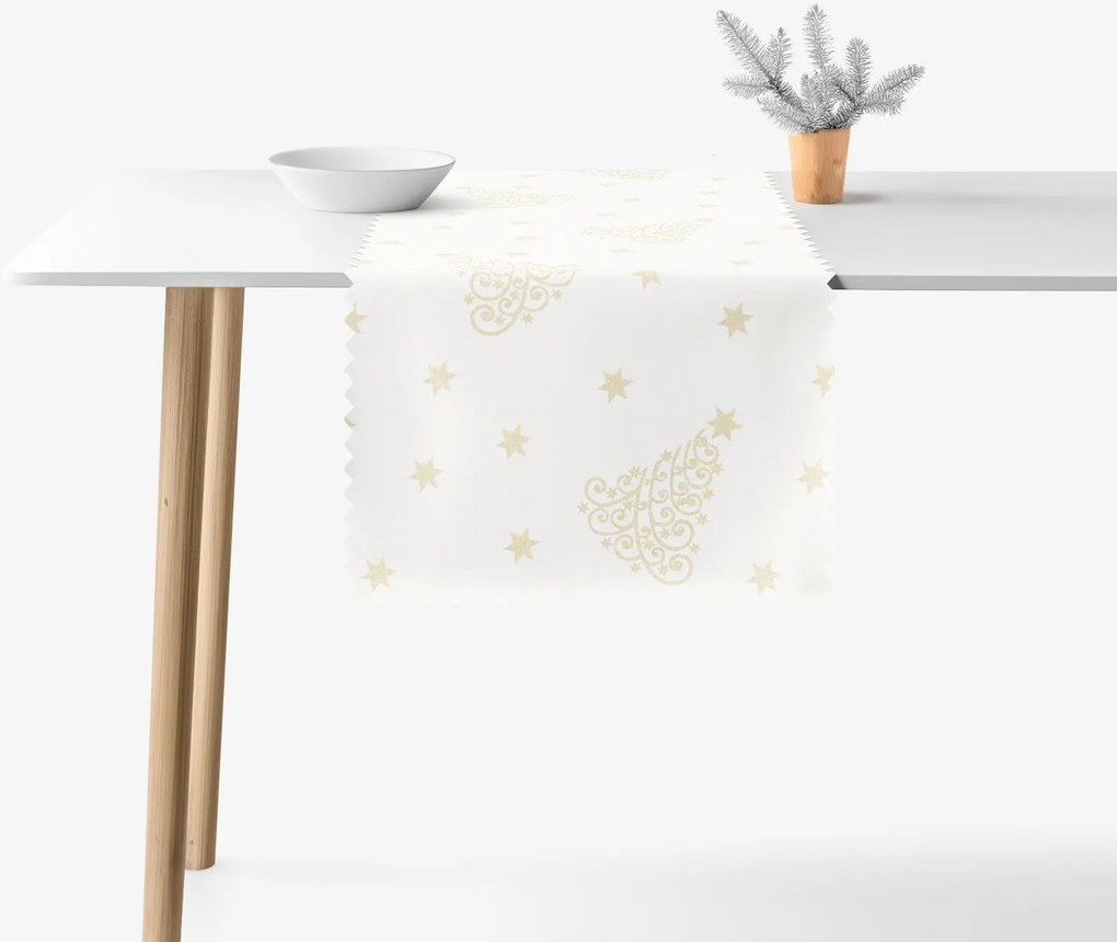Goldea vánoční běhoun na stůl teflonový - zlaté vánoční stromečky a hvězdičky 35x120 cm