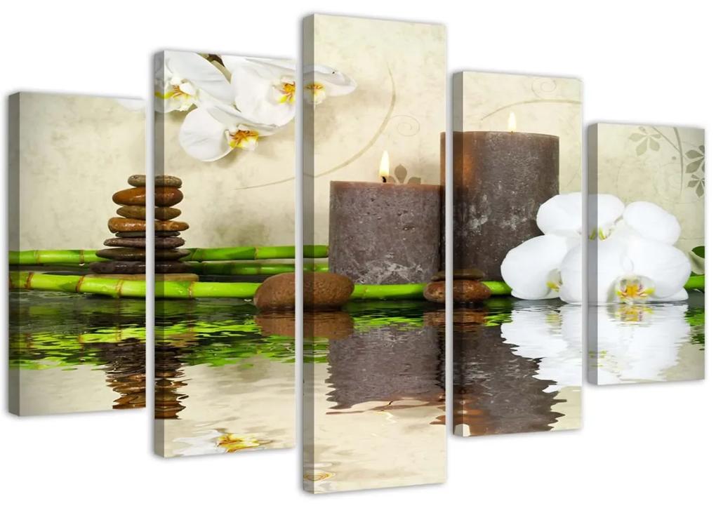 Obraz na plátně pětidílný Zen Spa svíčka Orchidej - 200x100 cm