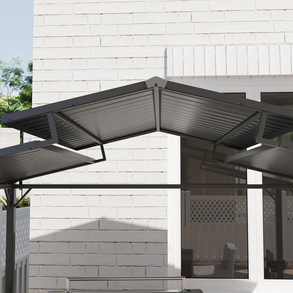 Grilovací Pavilion Outsunny 250 x 160 x 250 cm - Voděodolný Zahradní Pavilon s Dvojitým Středním Štítem, Bočními Policemi a UV Ochrannou, BBQ Pavilio…