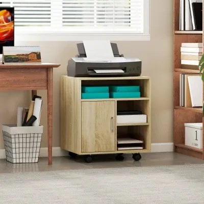 HOMCOM Multifunkční nábytek na tiskárnu s kolečky, policemi a velkým úložným prostorem 60x50x65,5 cm, přírodní