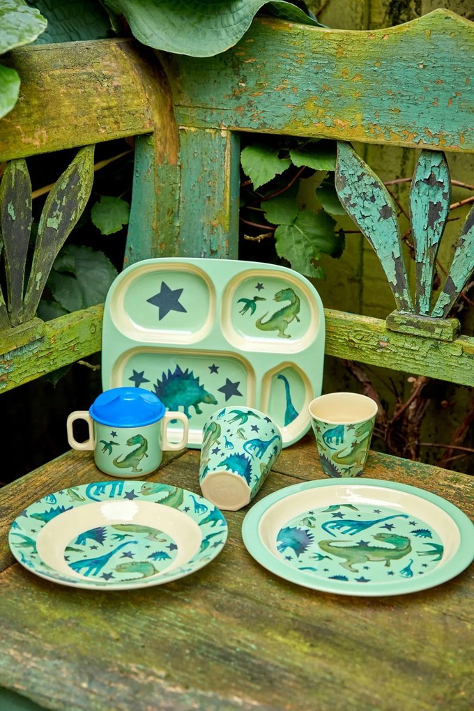 rice Set melaminového nádobí pro děti Dinosaurs Print, modrá barva, zelená barva, melamin