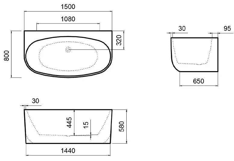 BPS-koupelny Volně stojící akrylátová vana ke stěně NR526B 150x80 bílá, odtokový komplet černý