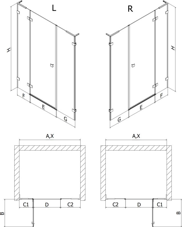 Mexen Lunar L, levé otočné sprchové dveře 130 cm, 8mm čiré sklo, zlatý matný profil, 834SL-130-050-55-00-L
