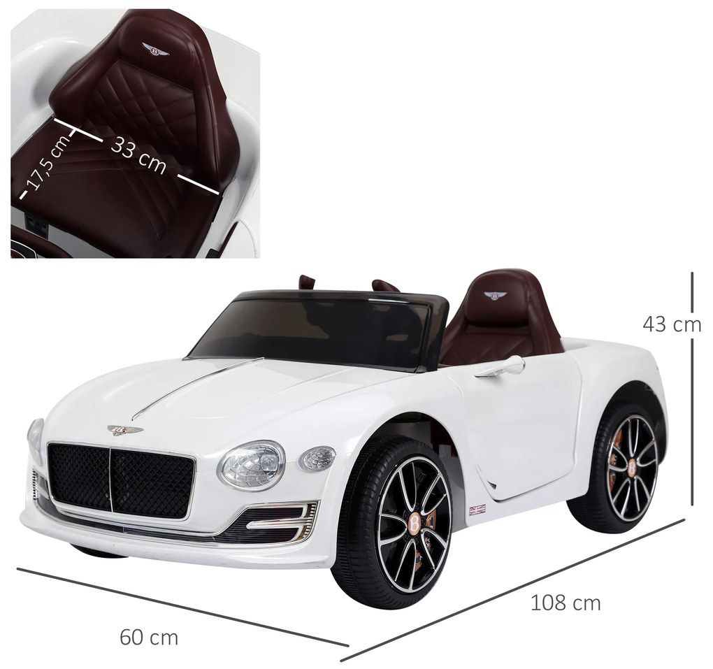 HOMCOM Dětské elektrické autíčko Bentley GT v licenci s dálkovým ovládáním, 2 x 390 motorů, bílé, 108 x 60 x 43 cm, pro děti | Aosom.de