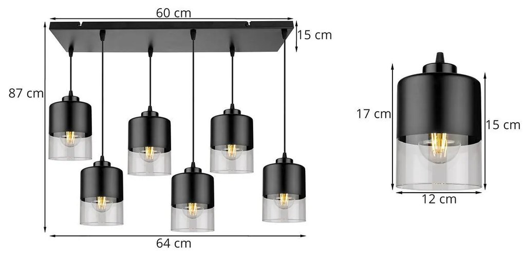 Závěsné svítidlo ROMA, 6x černé/transparentní skleněné stínítko