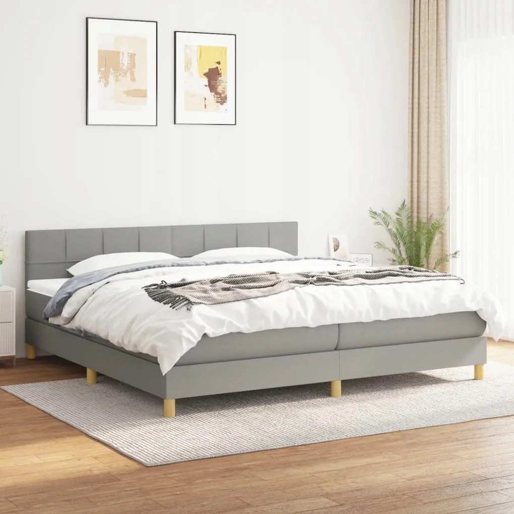 Box Spring Postel S Matrací Textil Světle Šedá Blok se čtverci 200 x 200