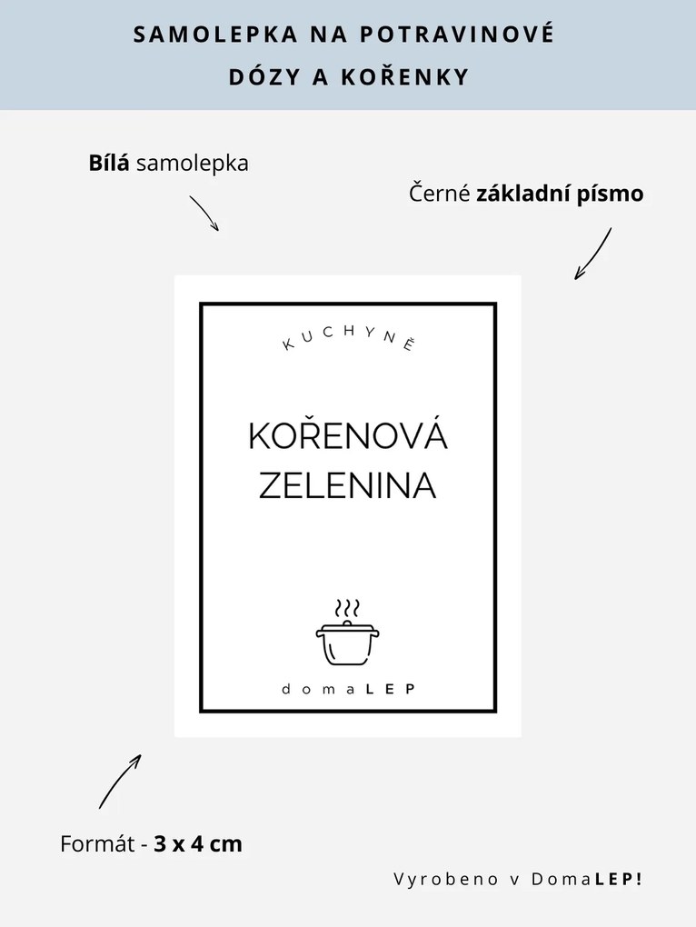 Samolepka na kořenky KOŘENOVÁ ZELENINA bílá 3 × 4 cm základní písmo